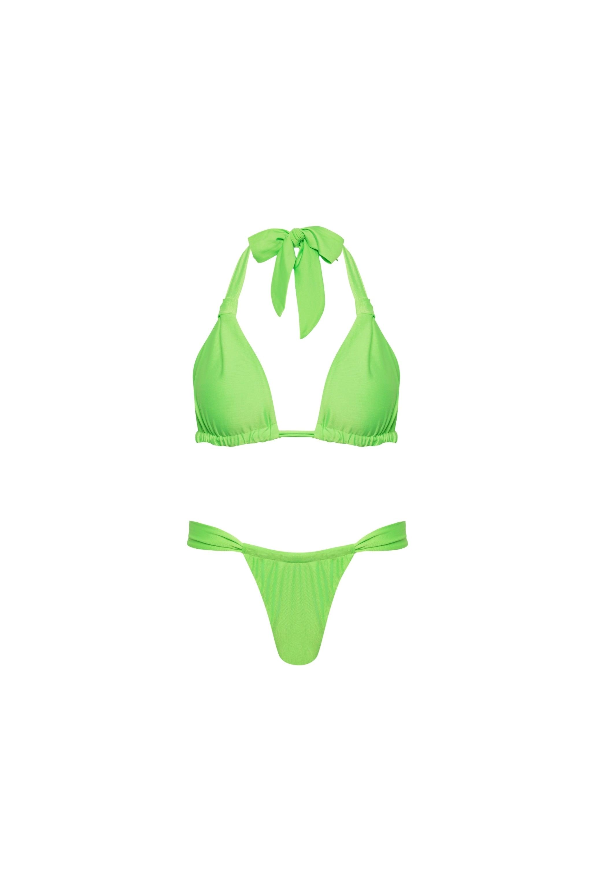 Women's Swimwear | Neon Green Ruched Triangle Bikini Set | PLAYALUXE